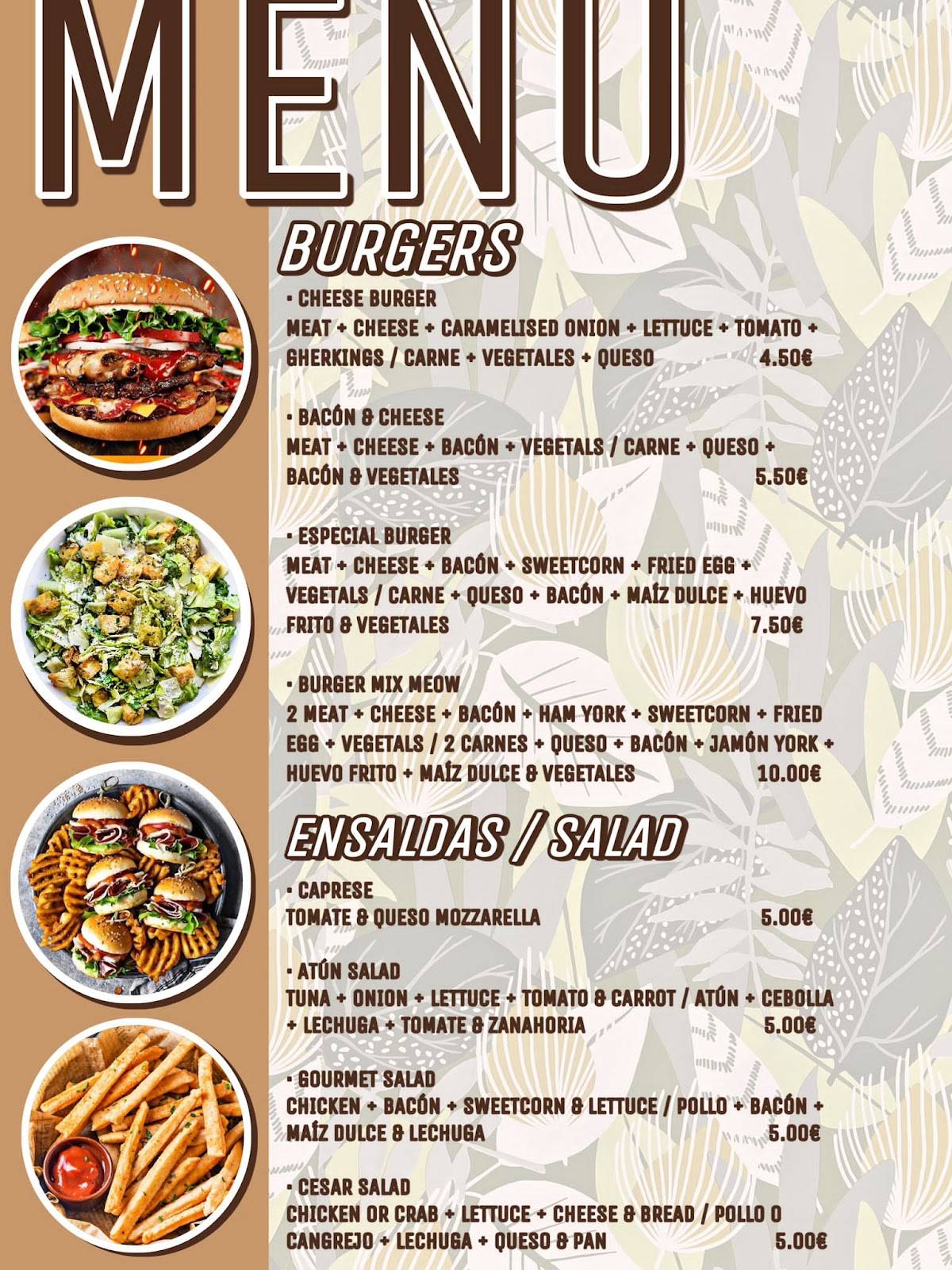 Menu at Cafeteria La Meow, Benidorm