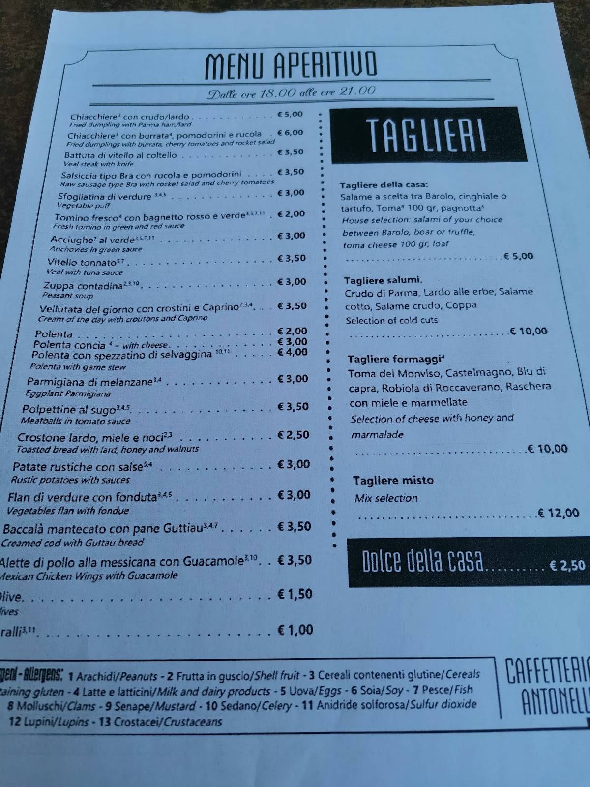 Menu da Caffetteria Antonelli, Torino, P.za Vittorio Veneto