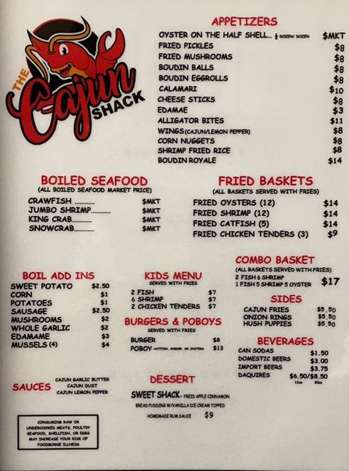 Menu at Cajun Shack restaurant, Alvin