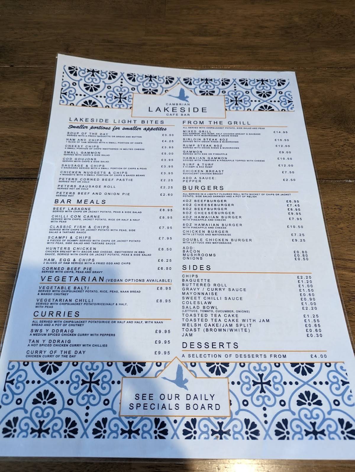 Menu at Cambrian Lakeside Cafe Bar, Tonypandy