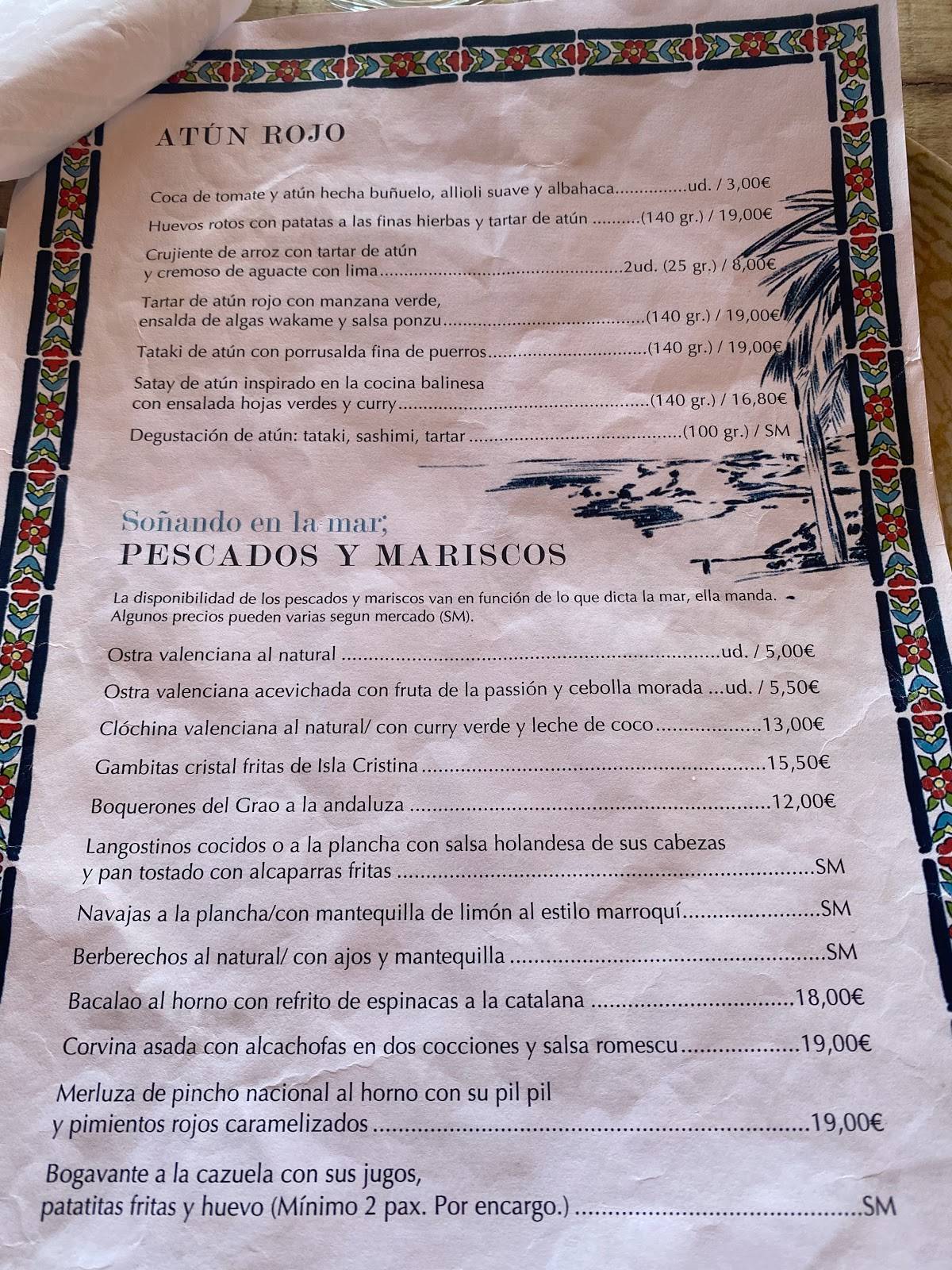 Carta del restaurante Can Somni, Alcocéber, Playa del moro