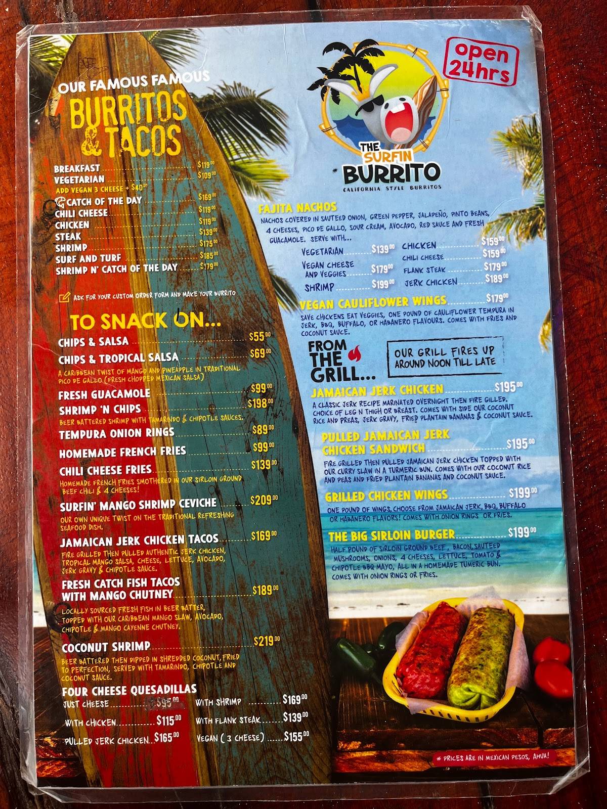 Menu at The Surfin Burrito pub & bar, Cancún, Kukulkan Km. 9.5