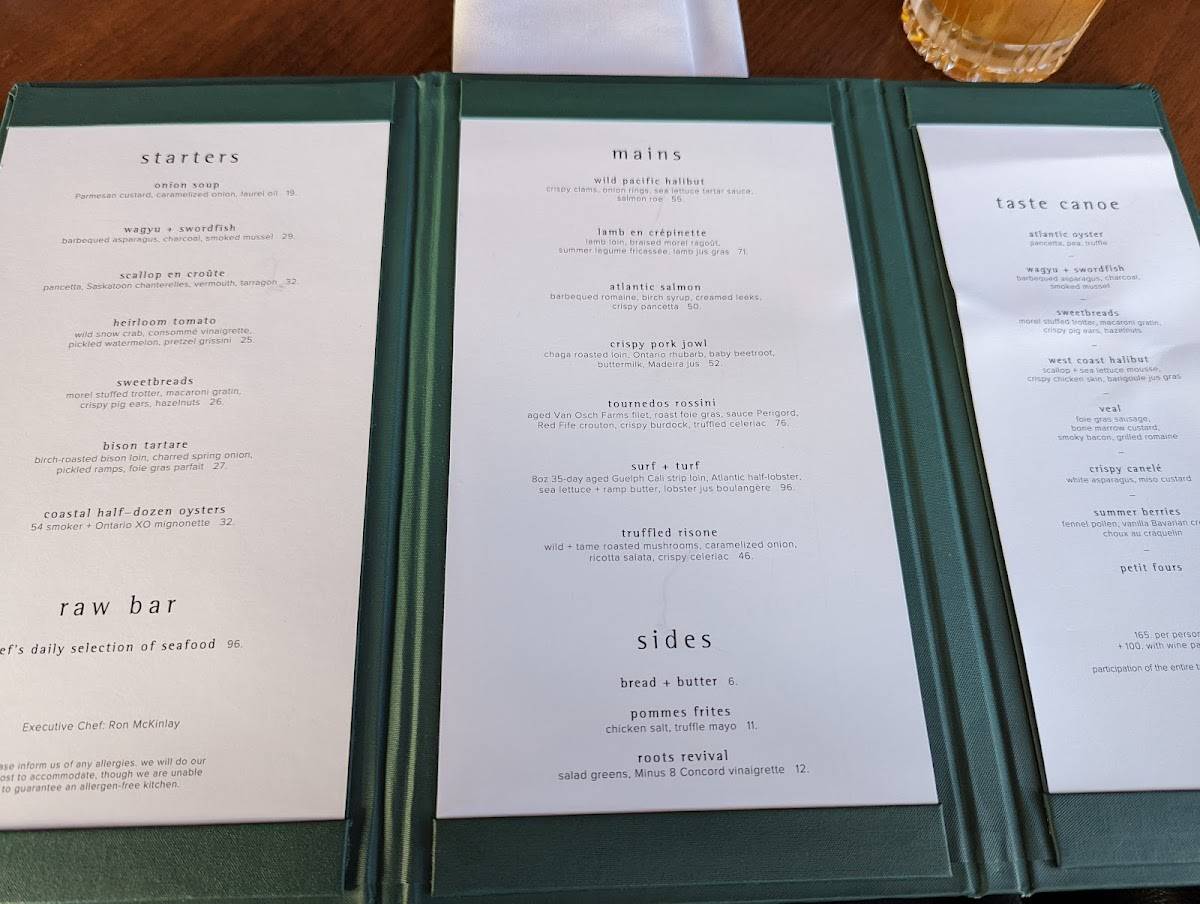 Menu at Canoe restaurant, Toronto, 66 Wellington St W 54th floor