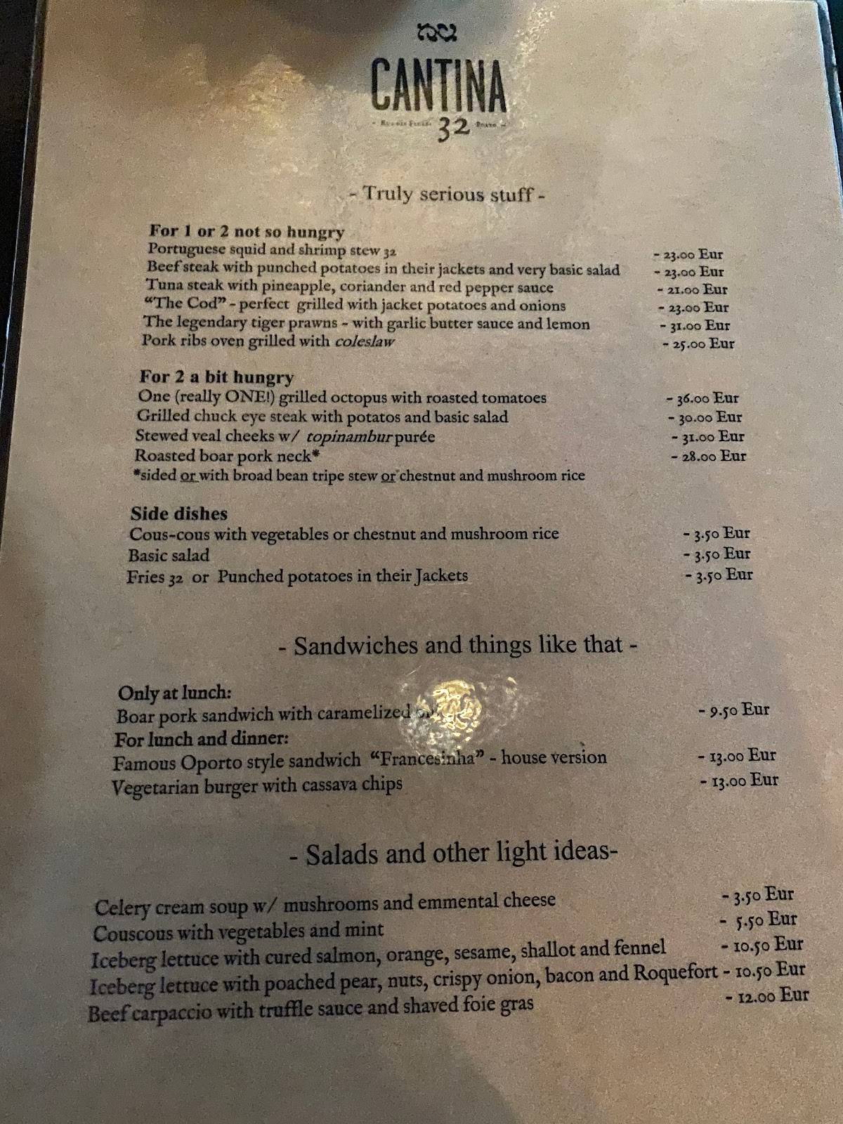 Menu at Cantina 32 restaurant, Porto
