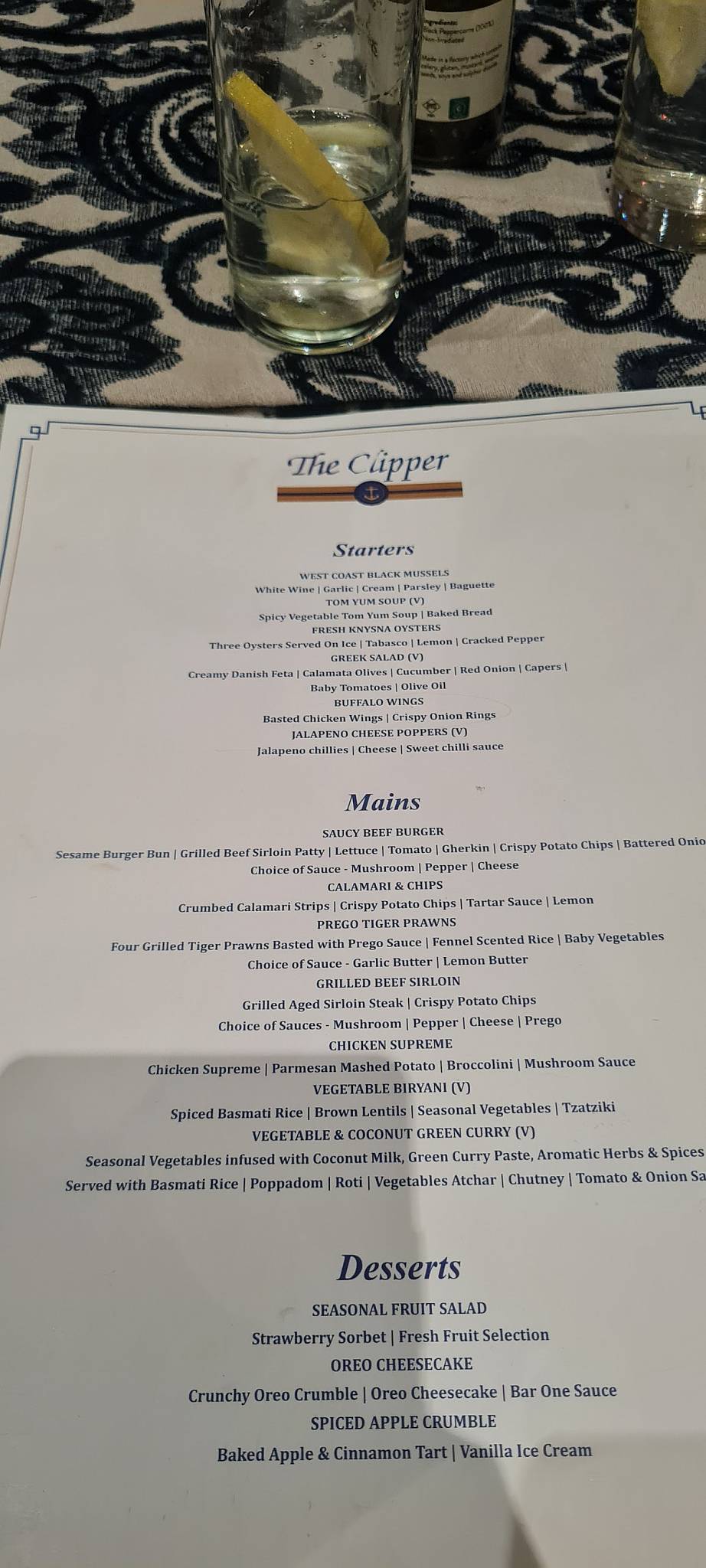 Menu at The Clipper restaurant, Cape Town