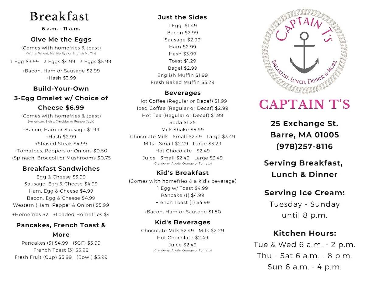 Menu at Captain T's restaurant, Barre