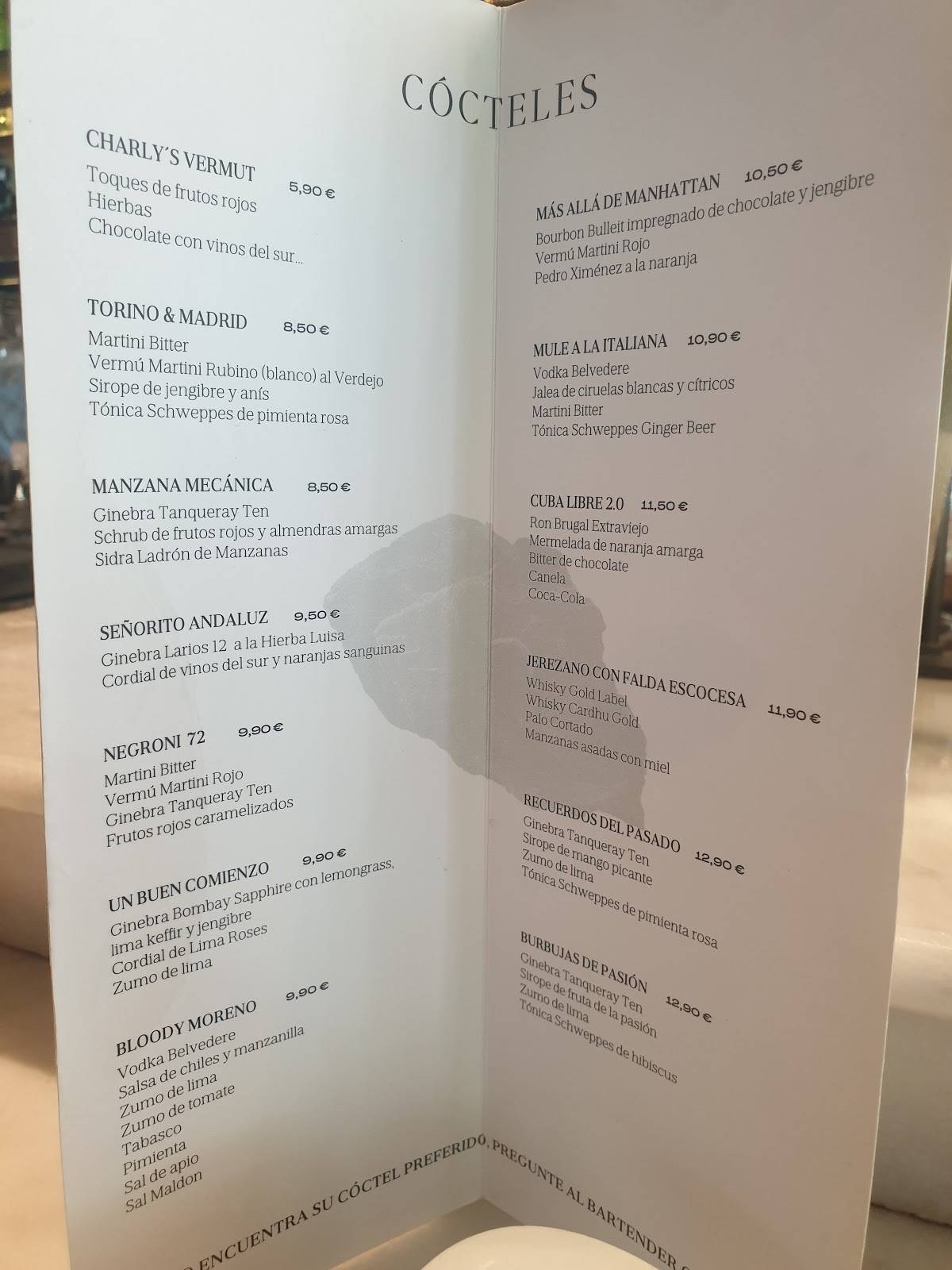 Carta de Restaurante Carbón, Madrid