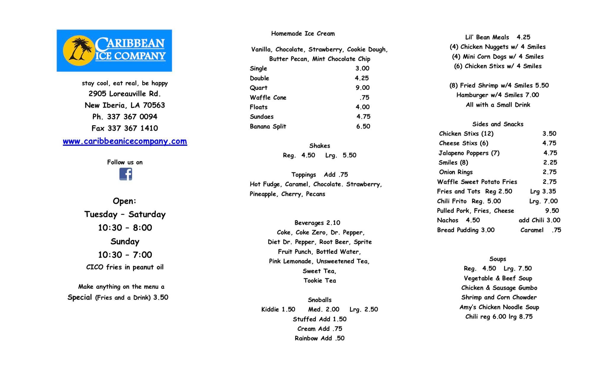Menu at Caribbean Ice Company BBQ, New Iberia