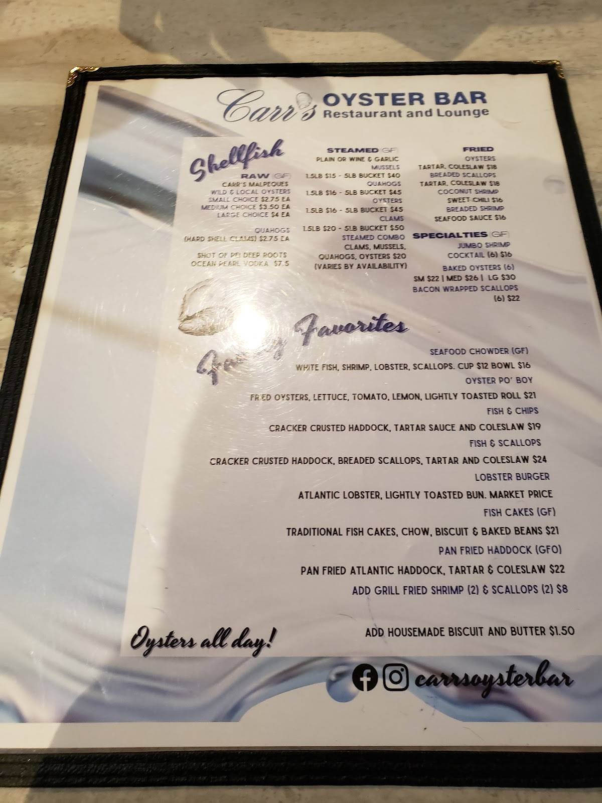Menu at Carr's Oyster Bar, Stanley Bridge