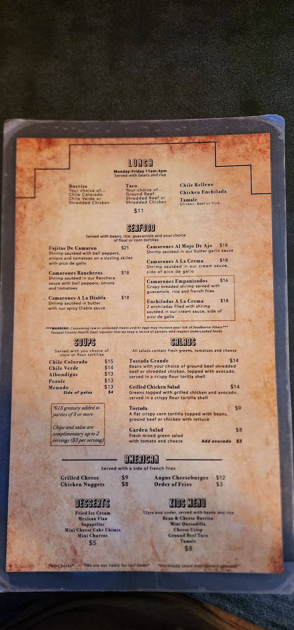 Menu at Casa Grande Mexican Restaurant, Chino Valley
