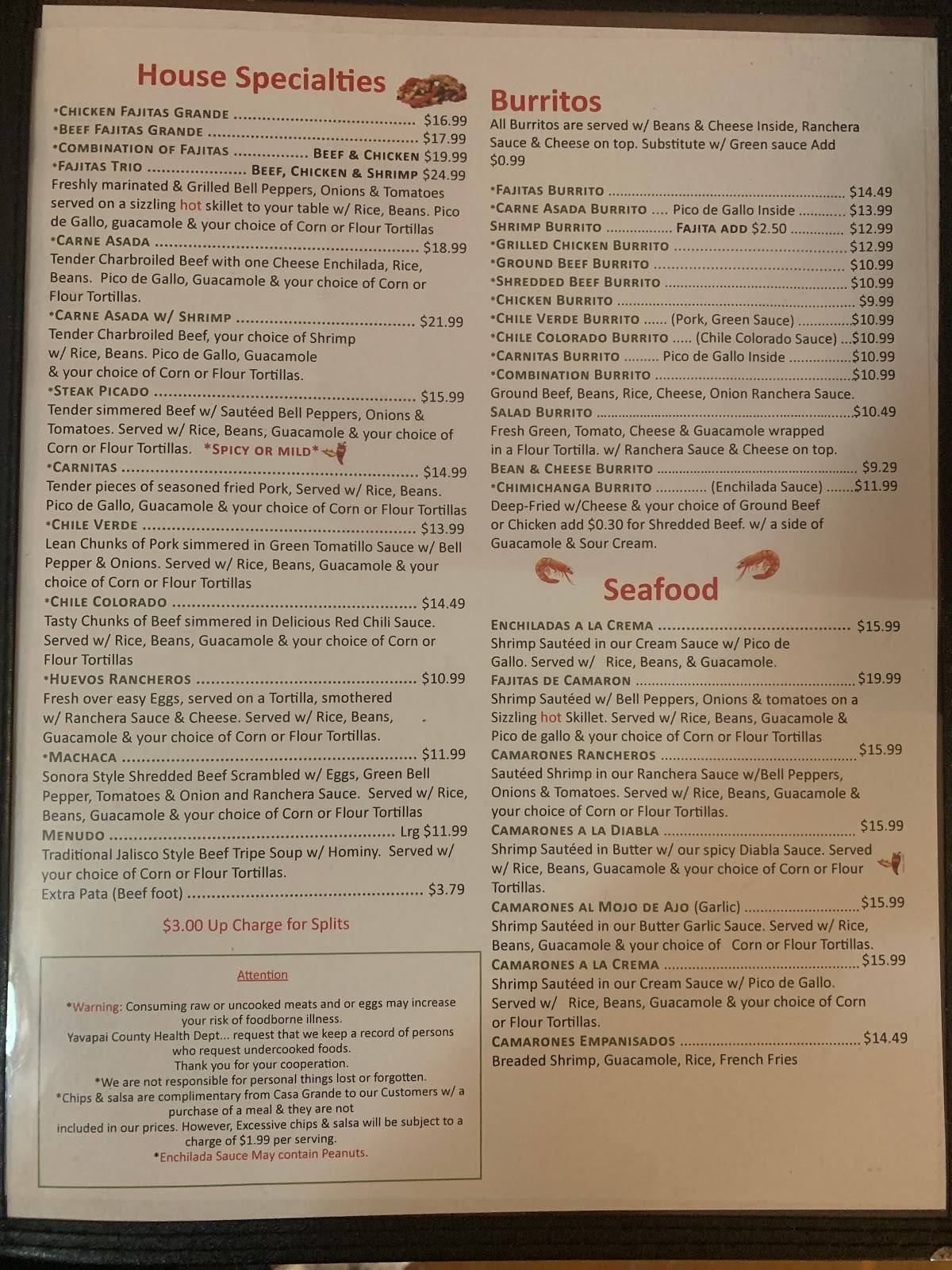 Menu at Casa Grande Mexican Restaurant, Chino Valley