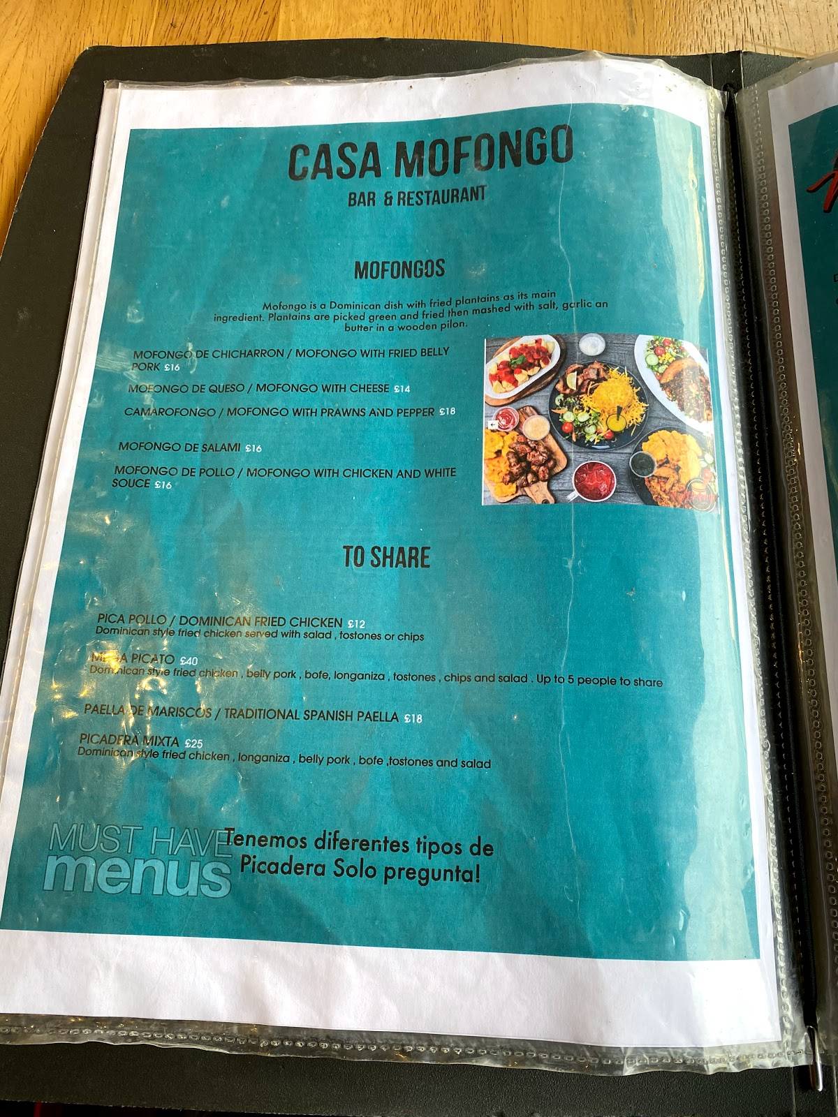 Menu at Casa Mofongo Bar Restaurant, London
