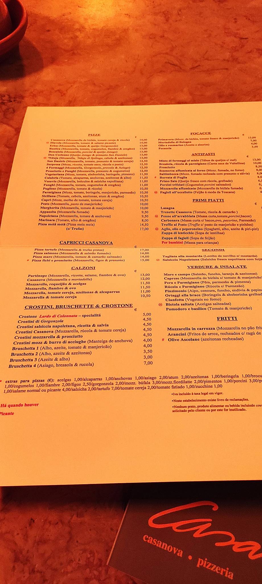 Menu em Casanova pizzaria, Lisboa
