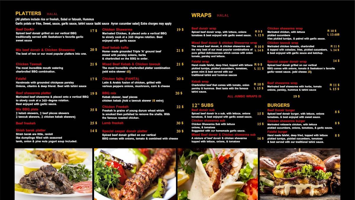 Menu at Casper's Shawarma restaurant, Saskatoon