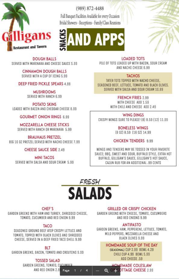 Menu at Gilligan's pub & bar, Cass City