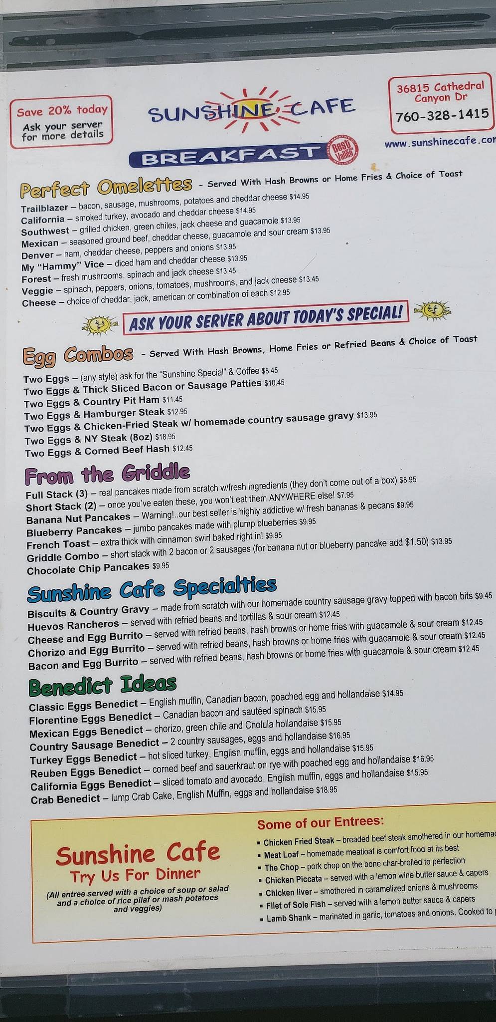 Menu at Sunshine Cafe, Cathedral City, Cathedral Canyon Dr