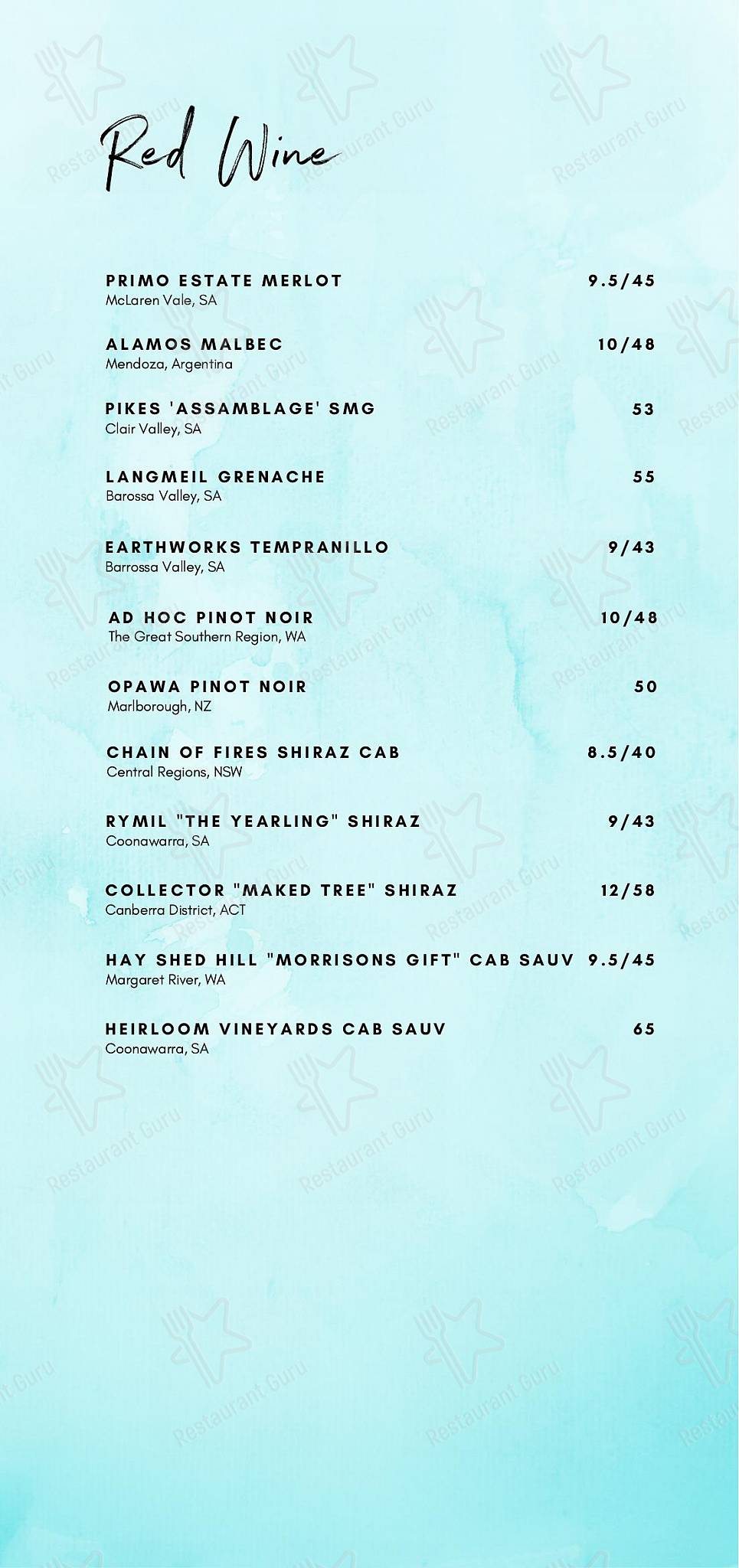 Menu at Caves Beachside pub & bar, Caves Beach