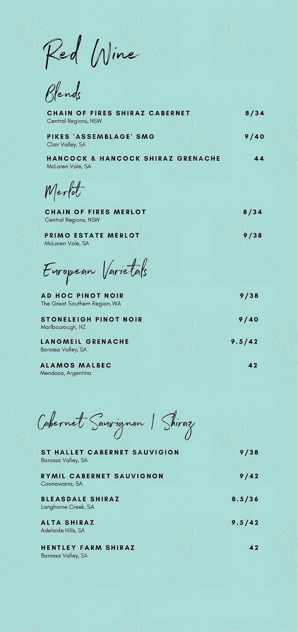 Menu at Caves Beachside pub & bar, Caves Beach