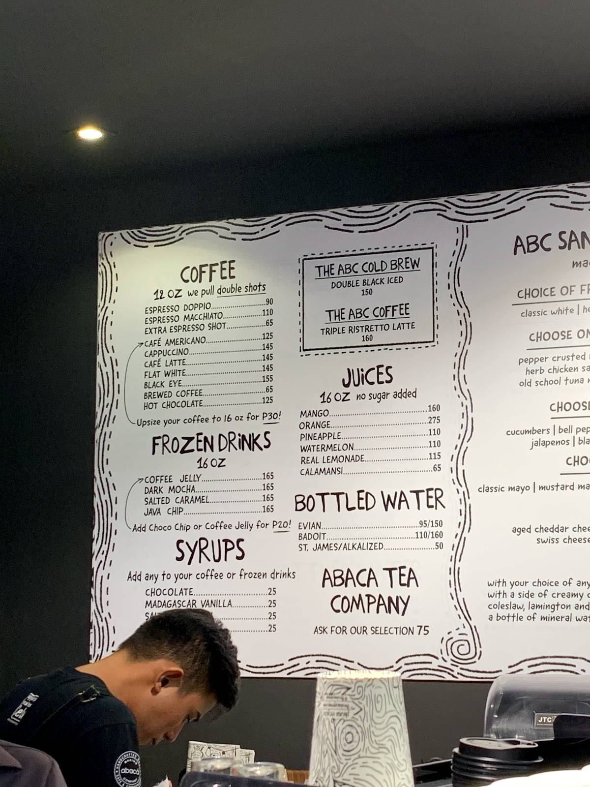 Carta del café Abaca Baking Company, Cebú, The Terraces