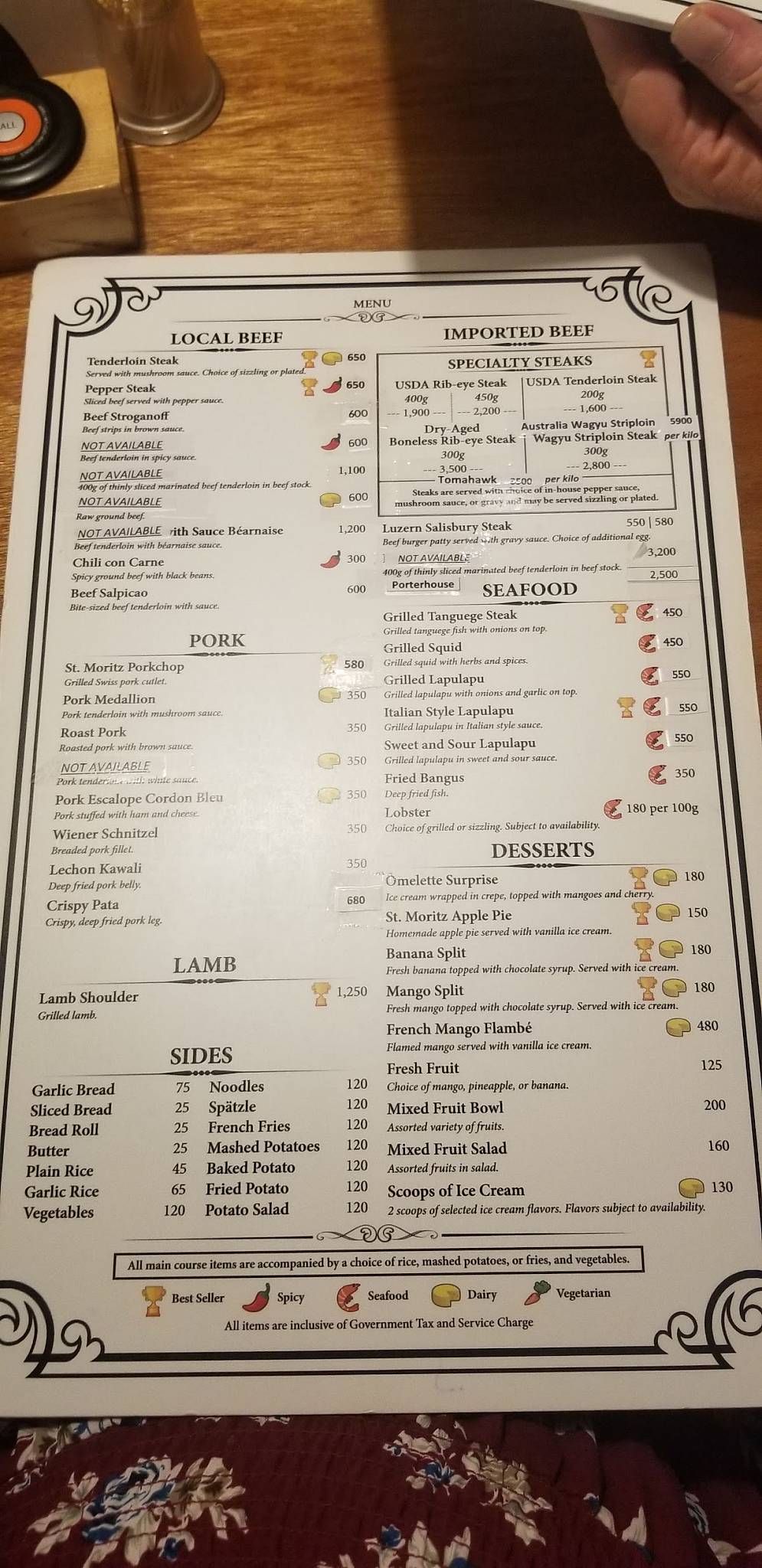 Menu at Luzern Steakhouse, Cebu City