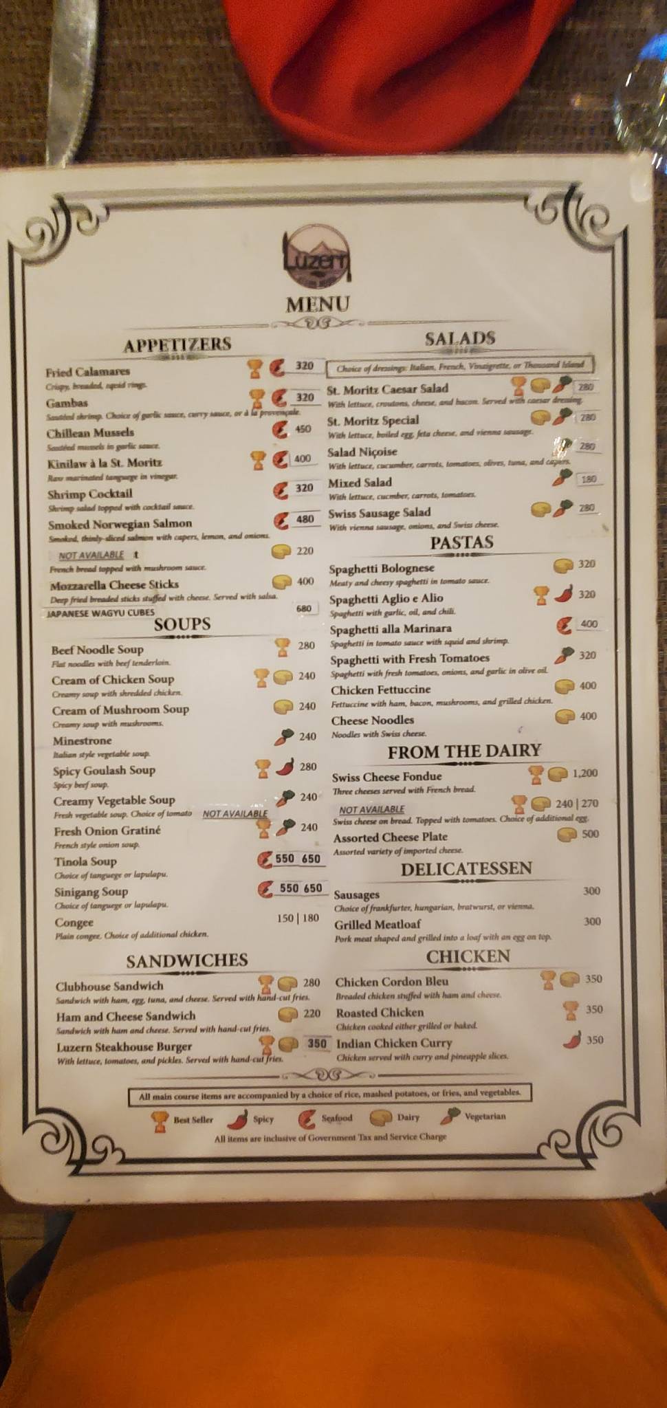 Menu at Luzern Steakhouse, Cebu City