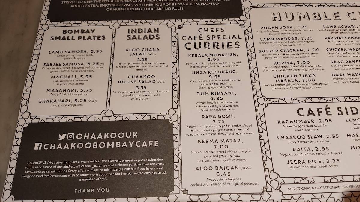 Menu at Chaakoo Bombay Cafe, Glasgow