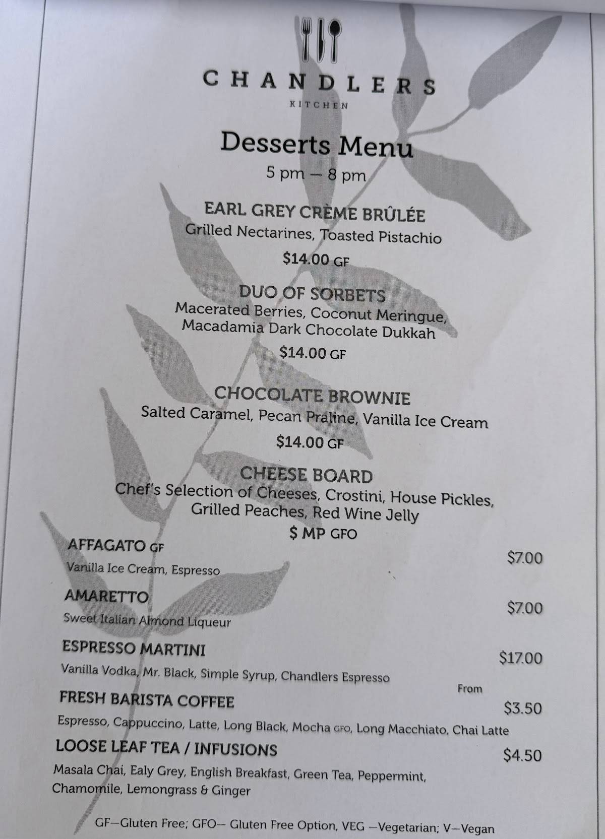 Menu at Chandlers Kitchen restaurant, Rockingham
