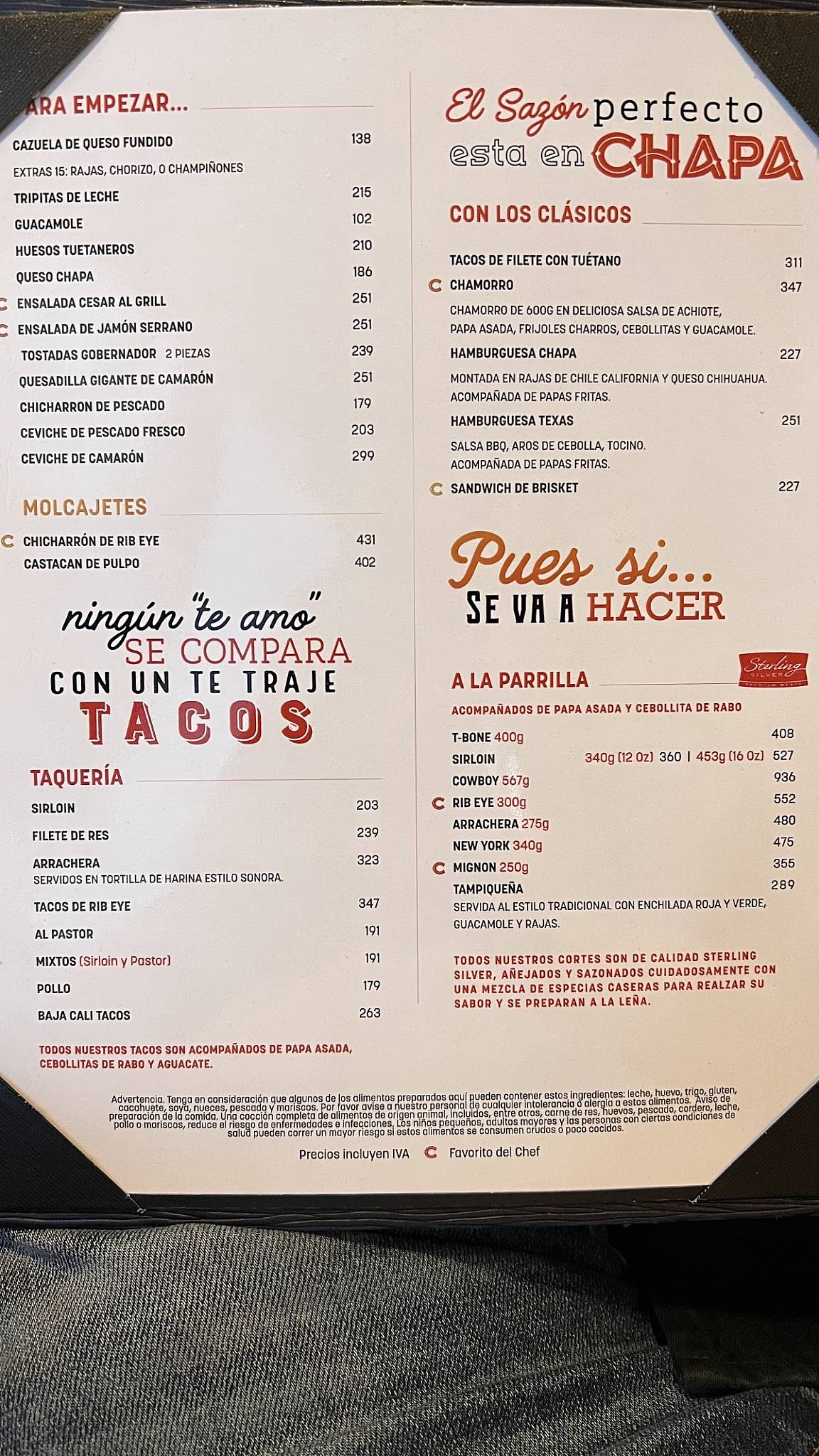 Carta del restaurante Chapa, Ciudad Juarez