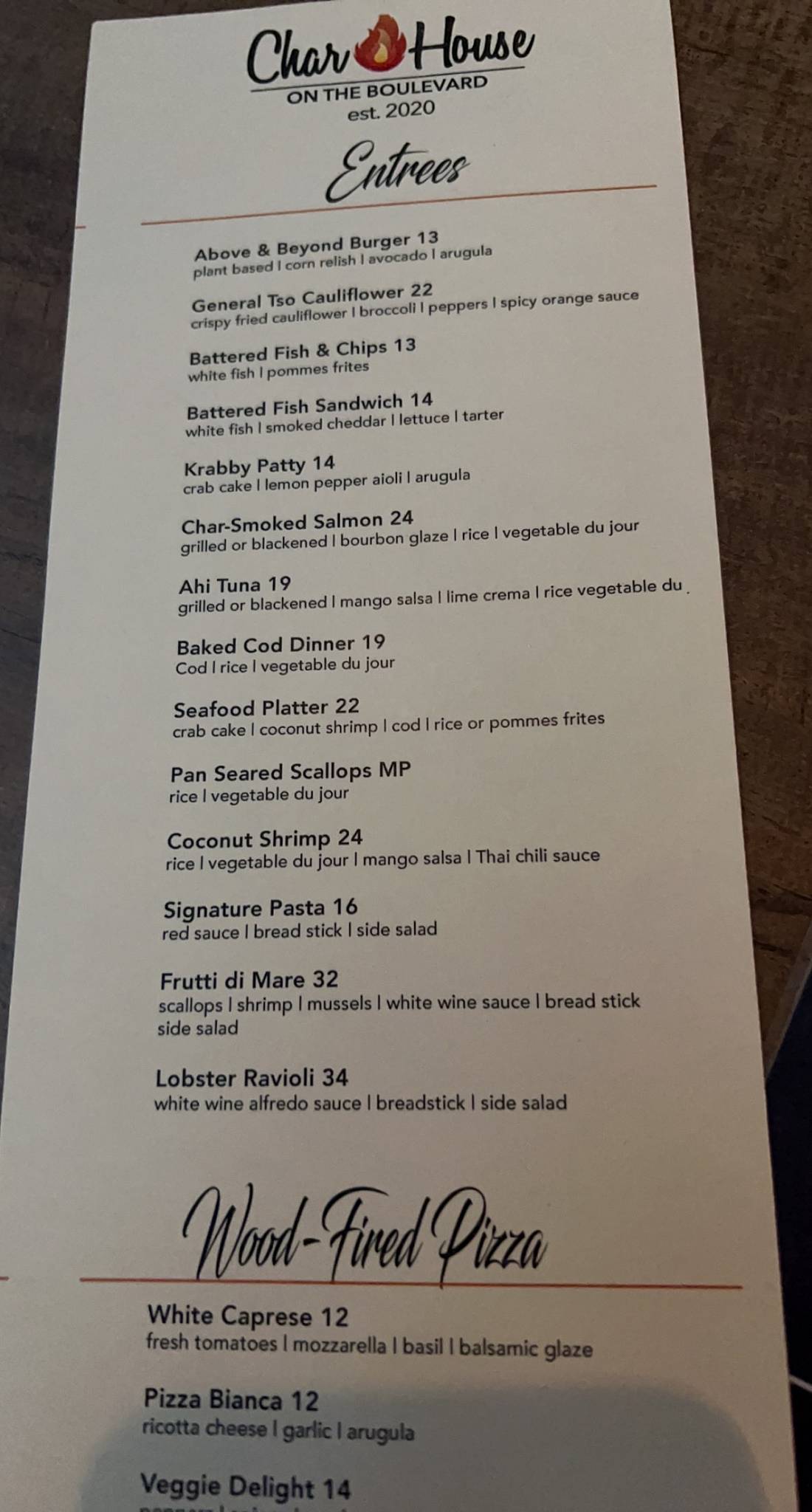 Menu at Char House on the Boulevard pizzeria, Wheeling