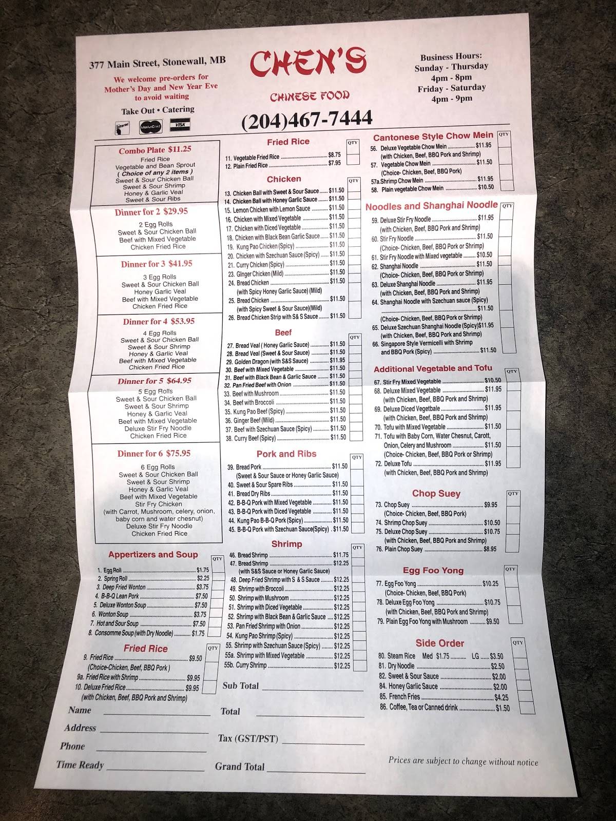 Menu at Chen's Chinese Food Take Out restaurant, Stonewall
