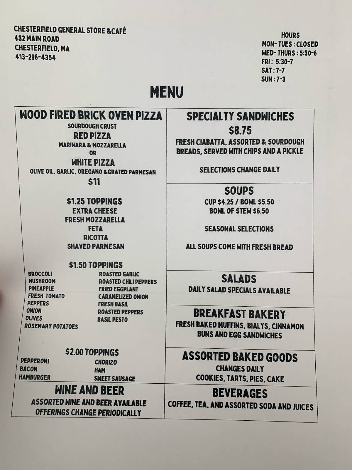 Menu at Chesterfield General Store and Cafe, Chesterfield