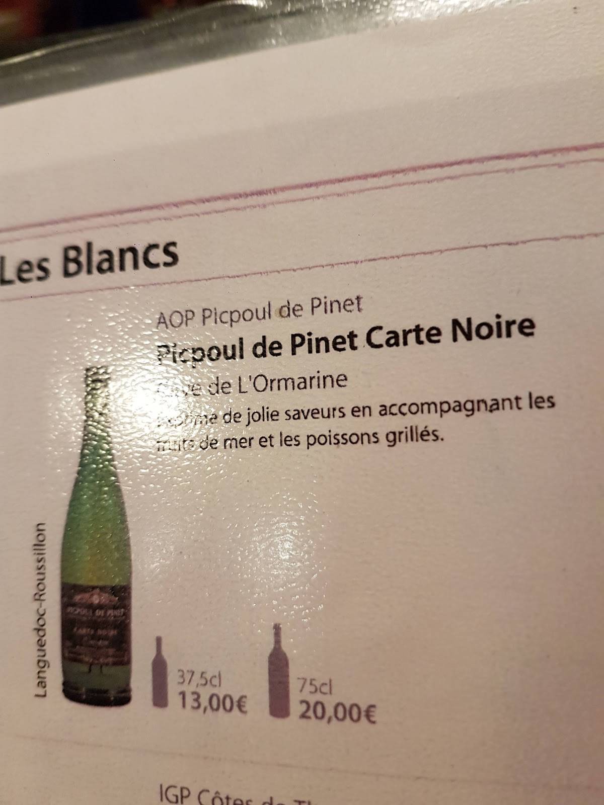 Menu at Chez François restaurant, Sète, 8 Quai Général Durand