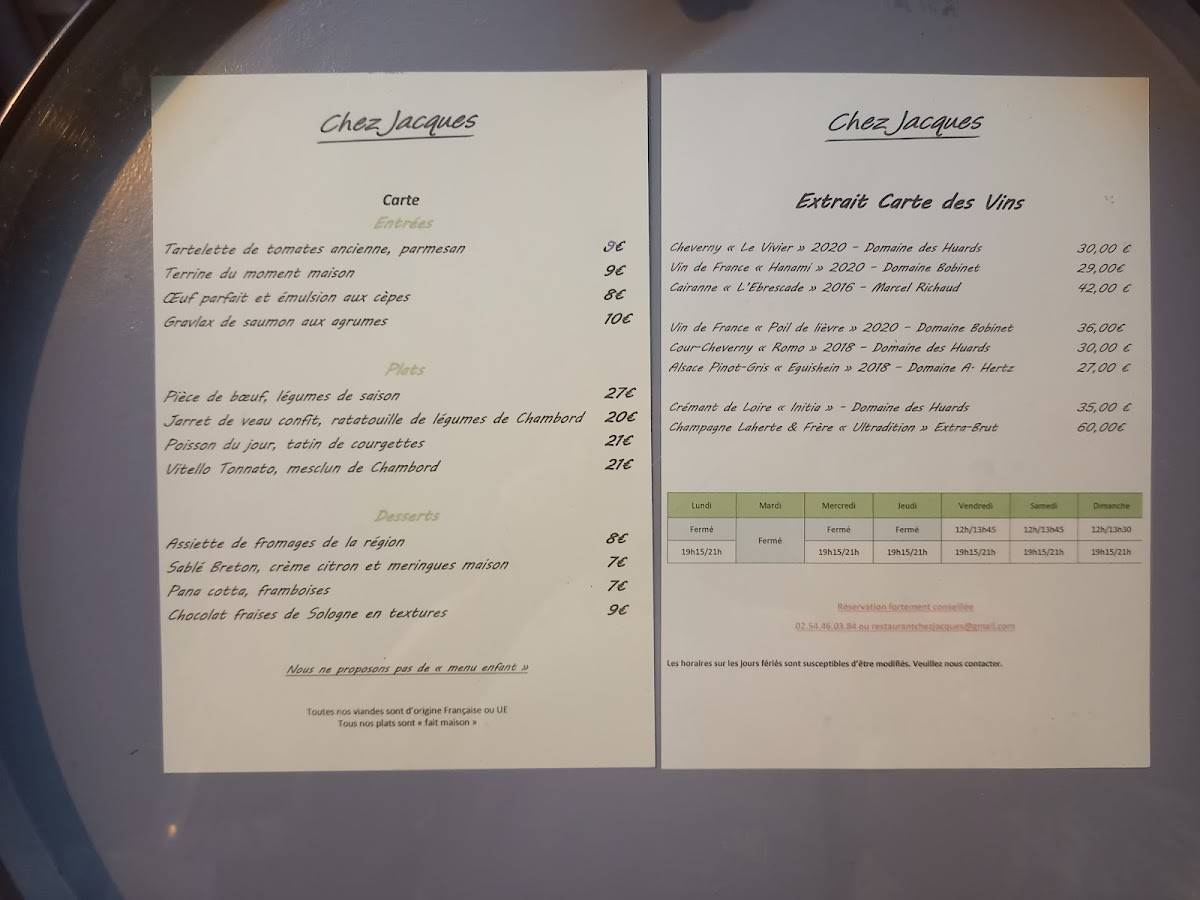 Menu au Chez Jacques restaurant, Bracieux