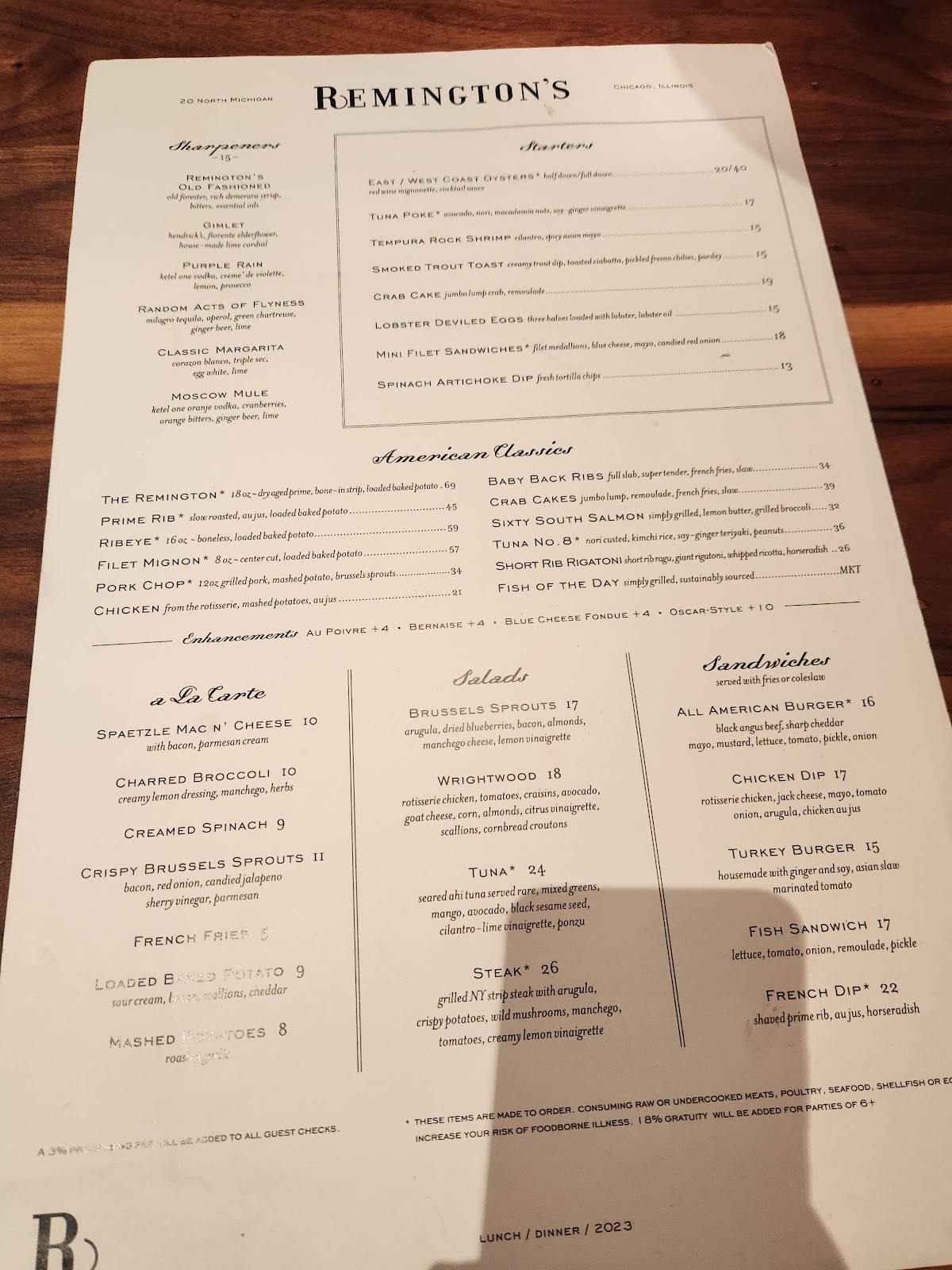 Menu at Remington's steakhouse, Chicago