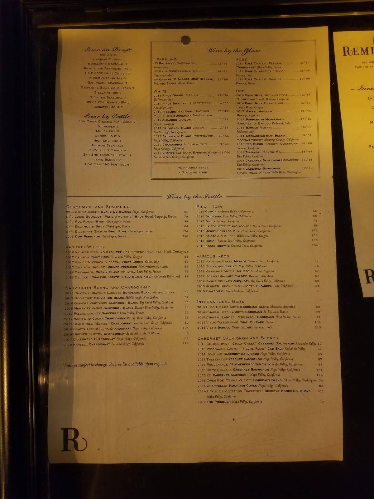 Menu at Remington's steakhouse, Chicago