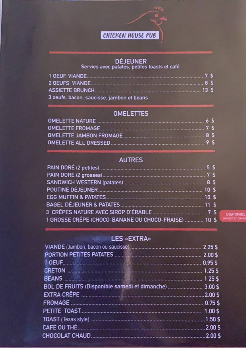 Menu au Chicken House Pub, Saint-François-de-Madawaska