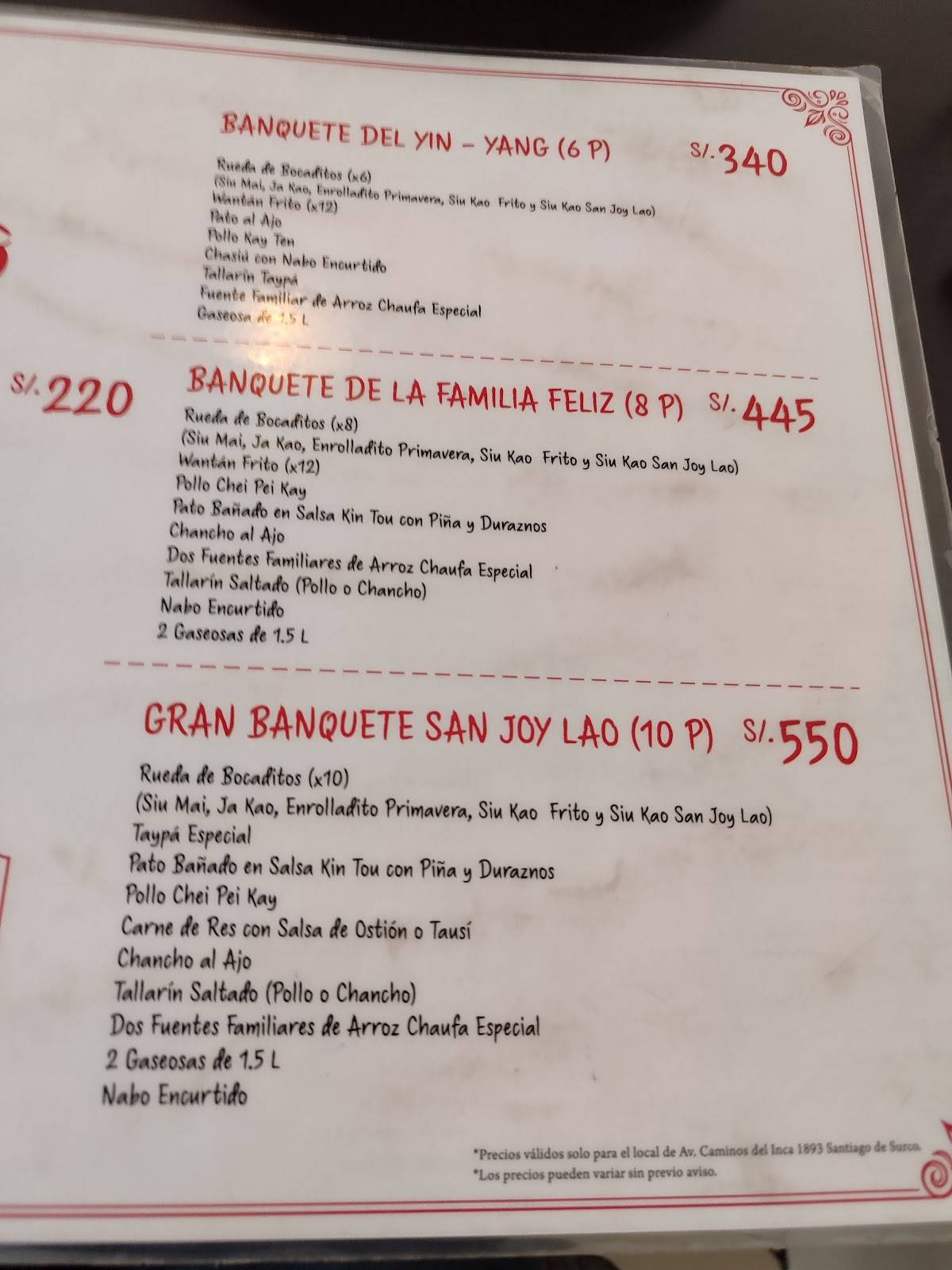 Carta del restaurante Chifa San Joy Lao - Surco, Santiago del Surco