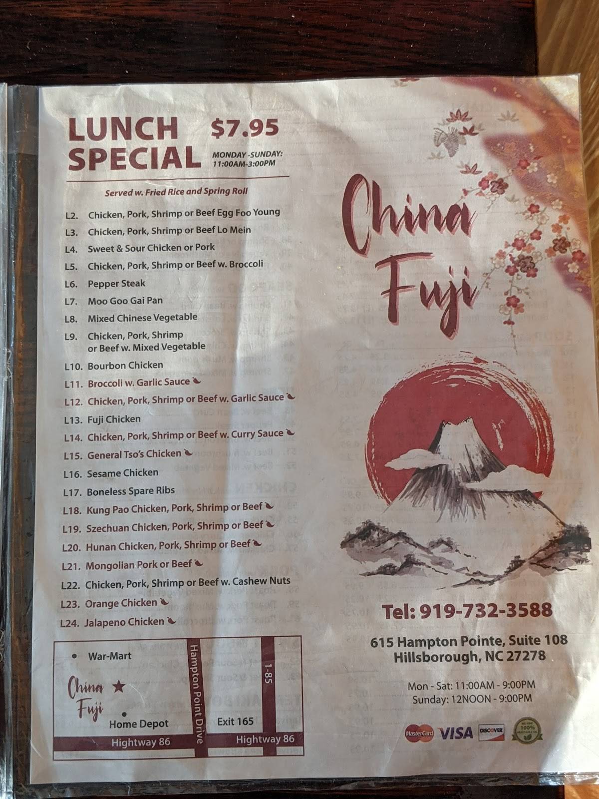 Menu at China Fuji restaurant, Hillsborough, 615 Hampton Pointe