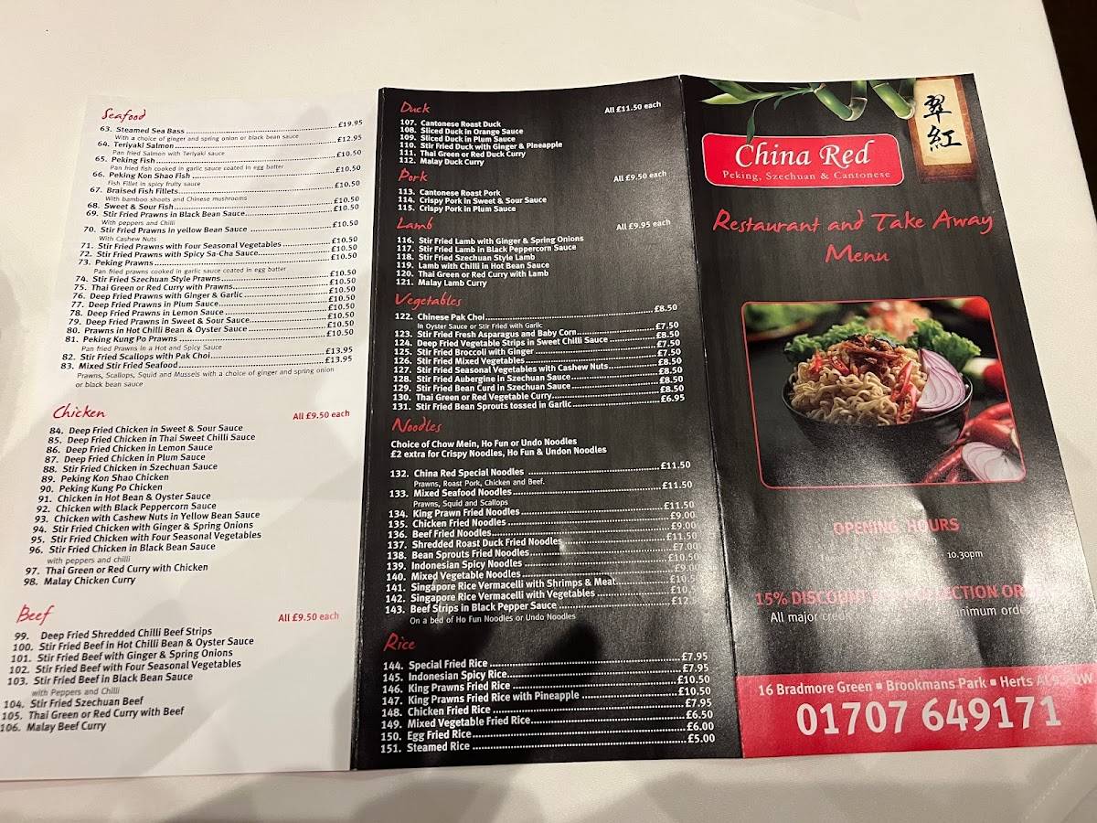 Menu at China Red restaurant, Hatfield, 16 Bradmore Green