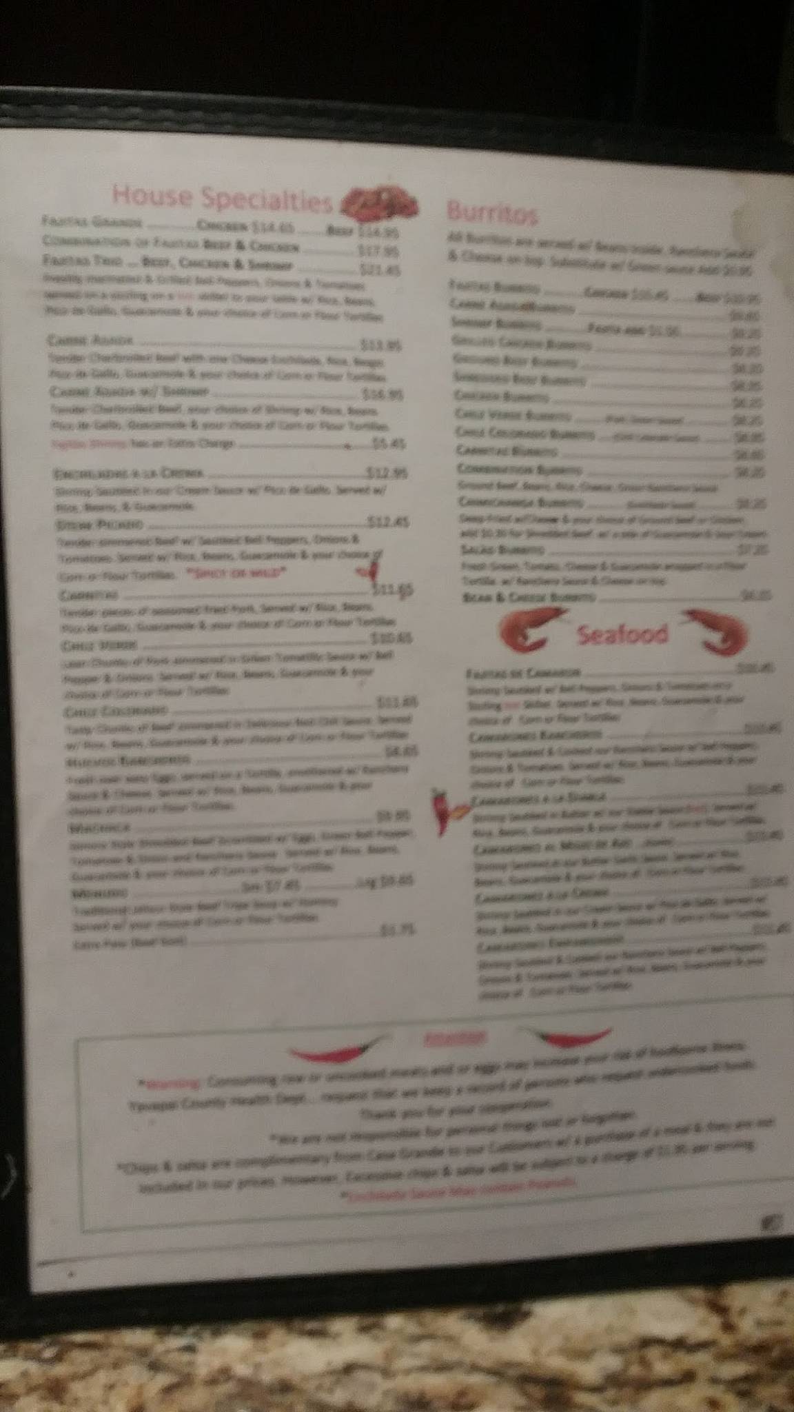 Menu at Casa Grande Mexican Restaurant, Chino Valley