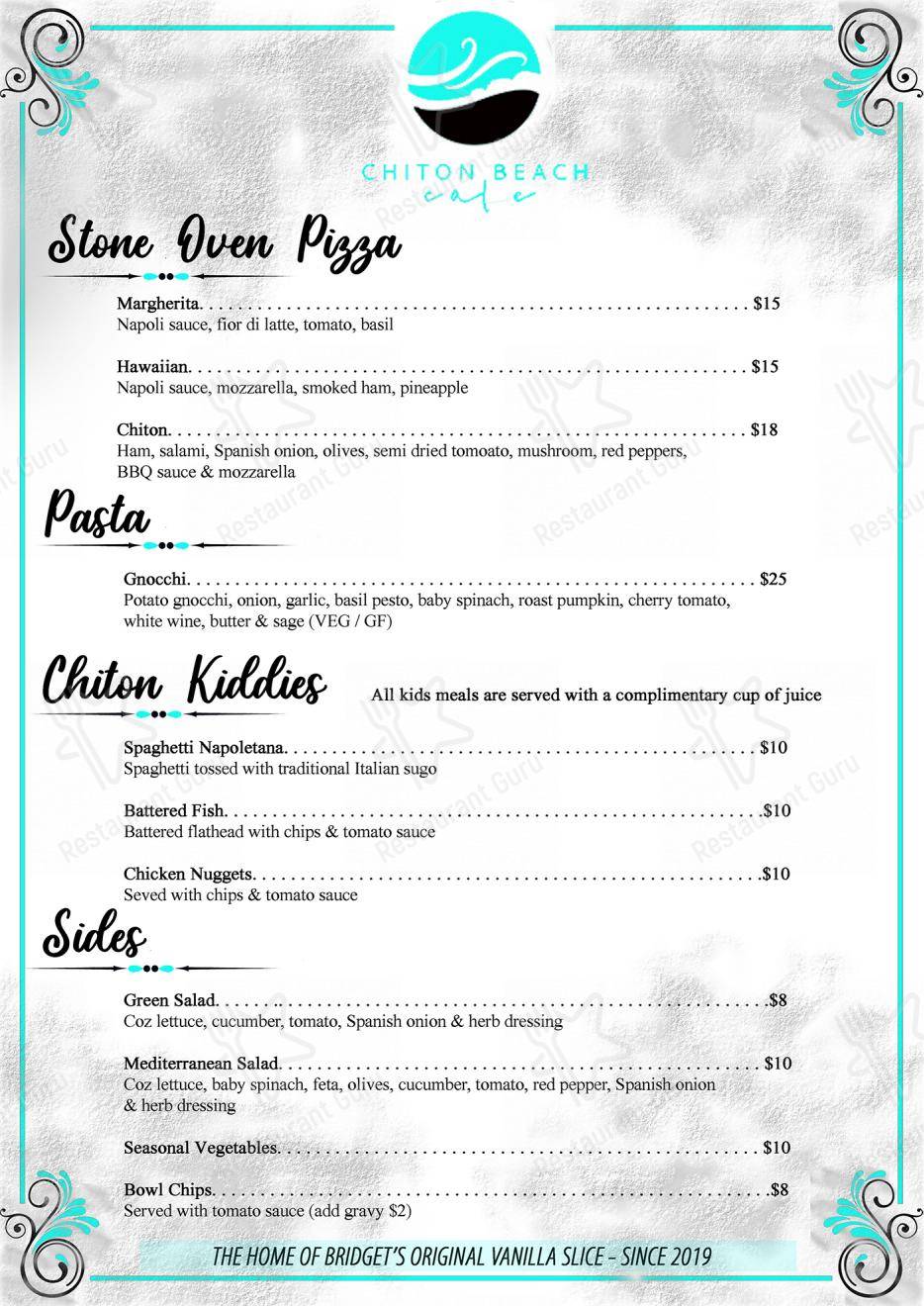 Menu at The chiton beach cafe, Hayborough