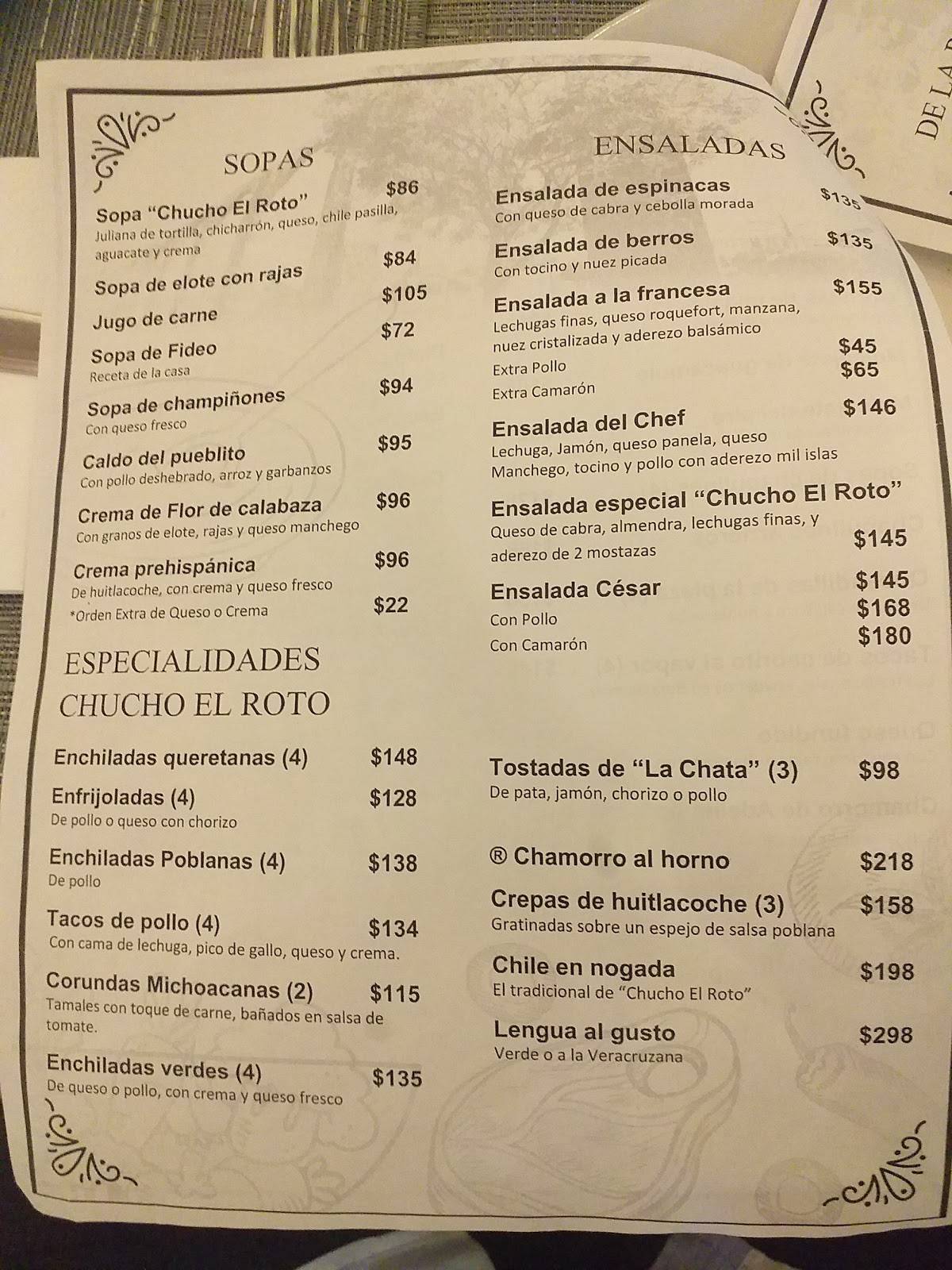Carta del restaurante El Mesón del Chucho El Roto, Santiago del Querétaro