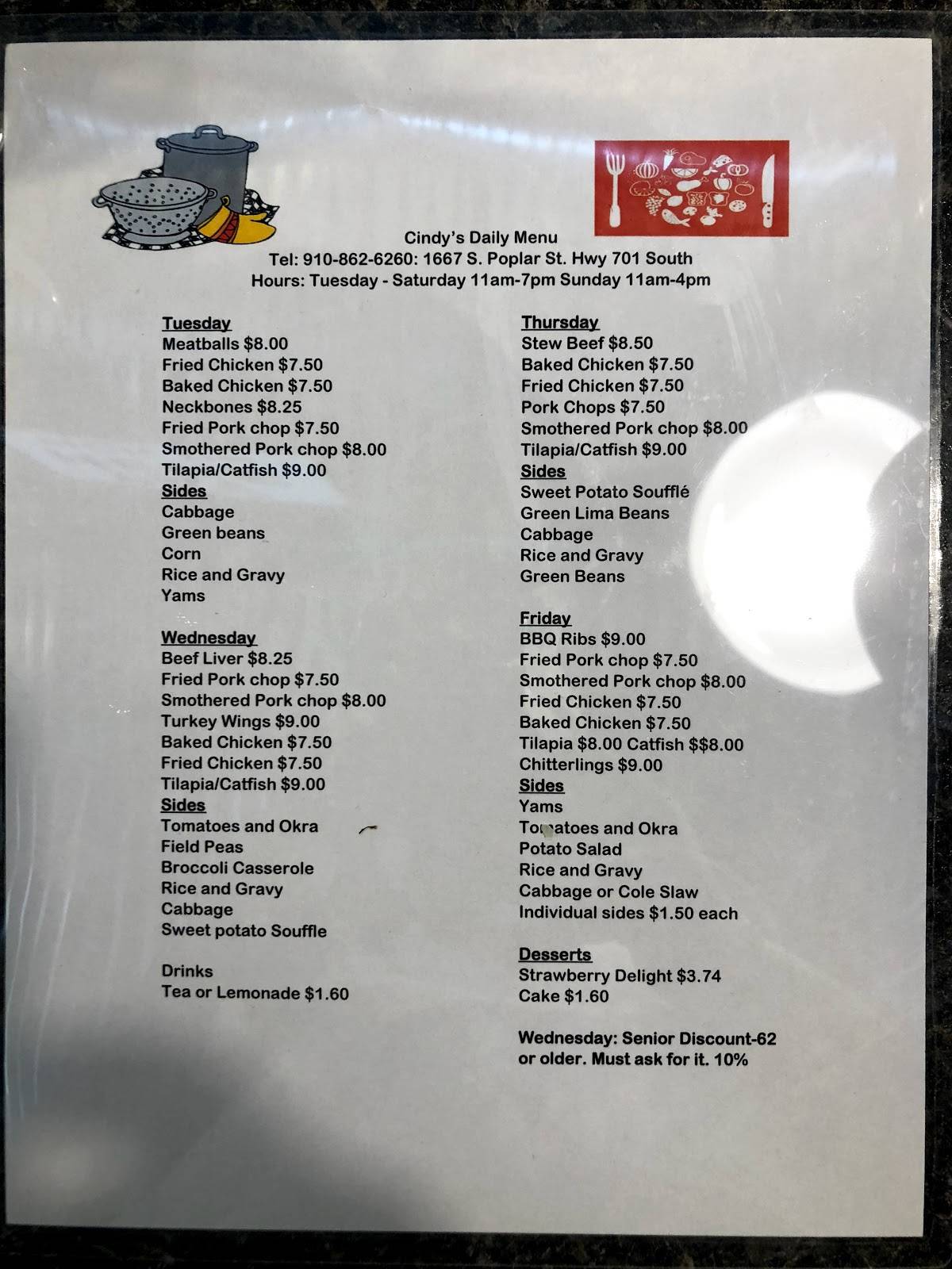 Menu at Cindy's Resturant restaurant, Elizabethtown