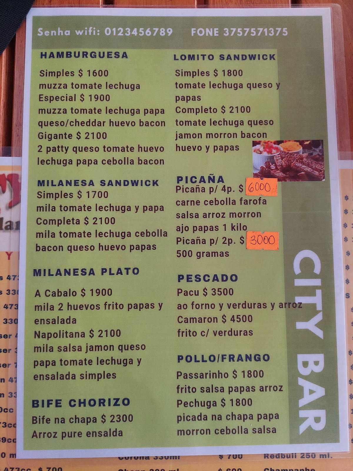 Menu at City Bar - Iguazú, Puerto Iguazú