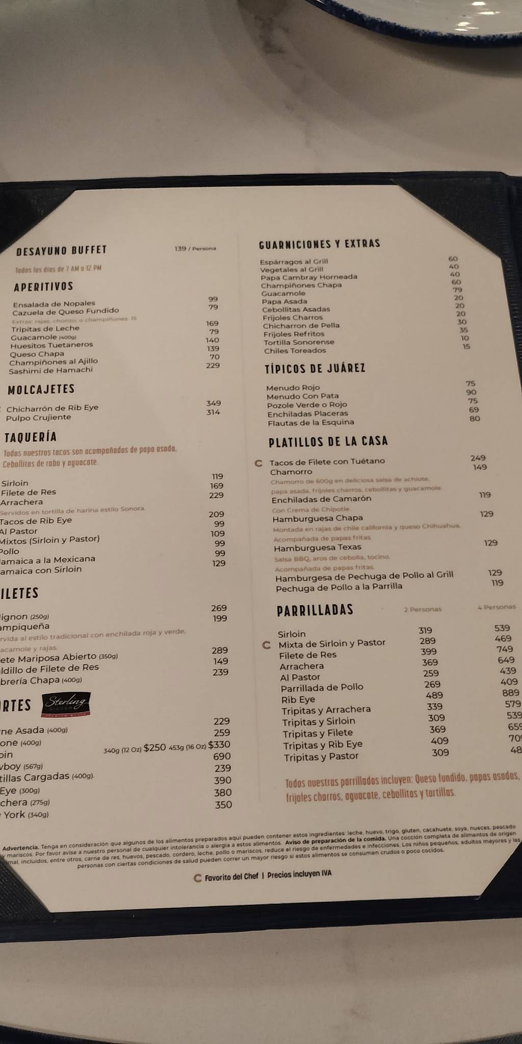 Carta del restaurante Chapa, Ciudad Juarez