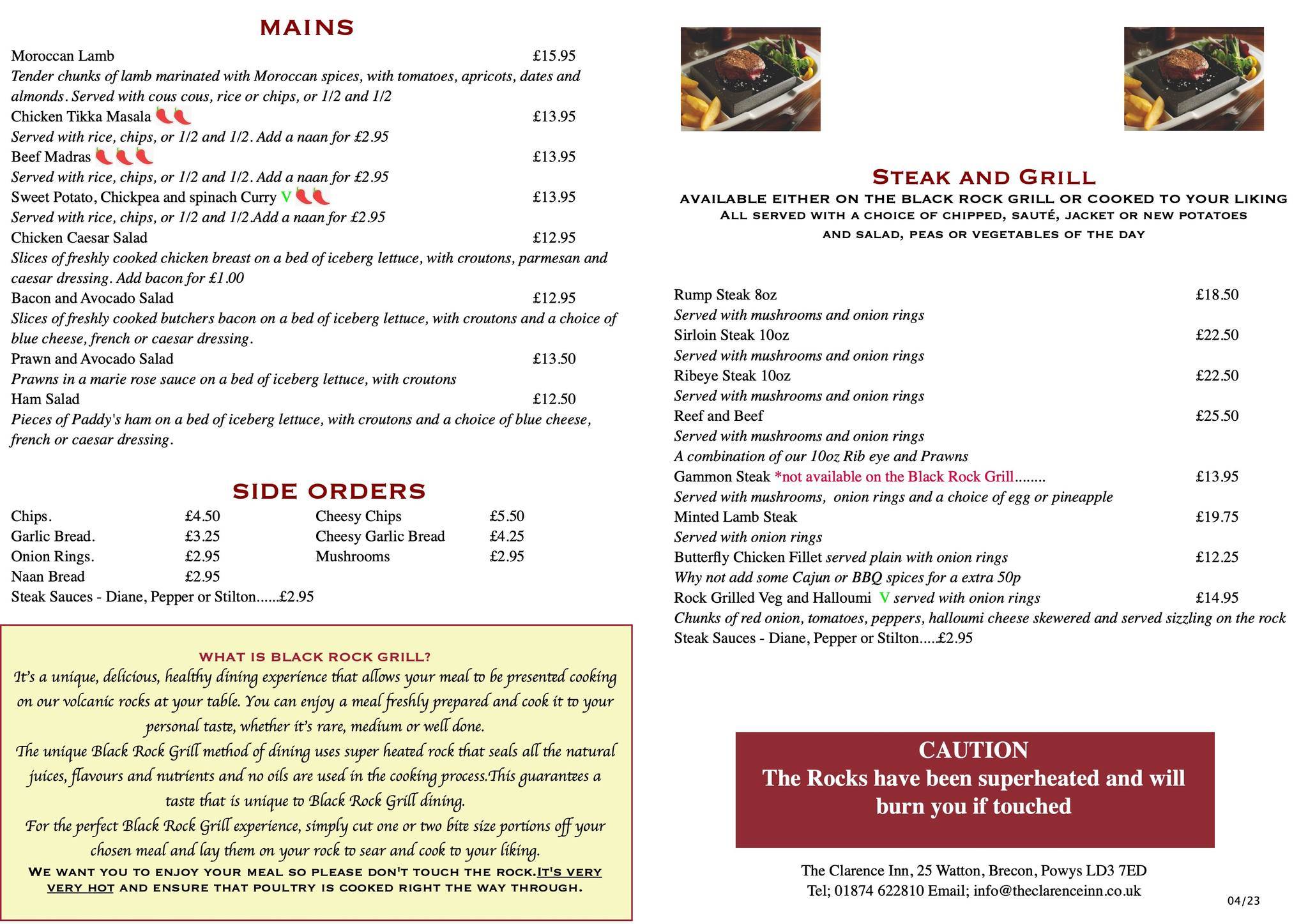 Menu at Clarence Inn pub & bar, Brecon