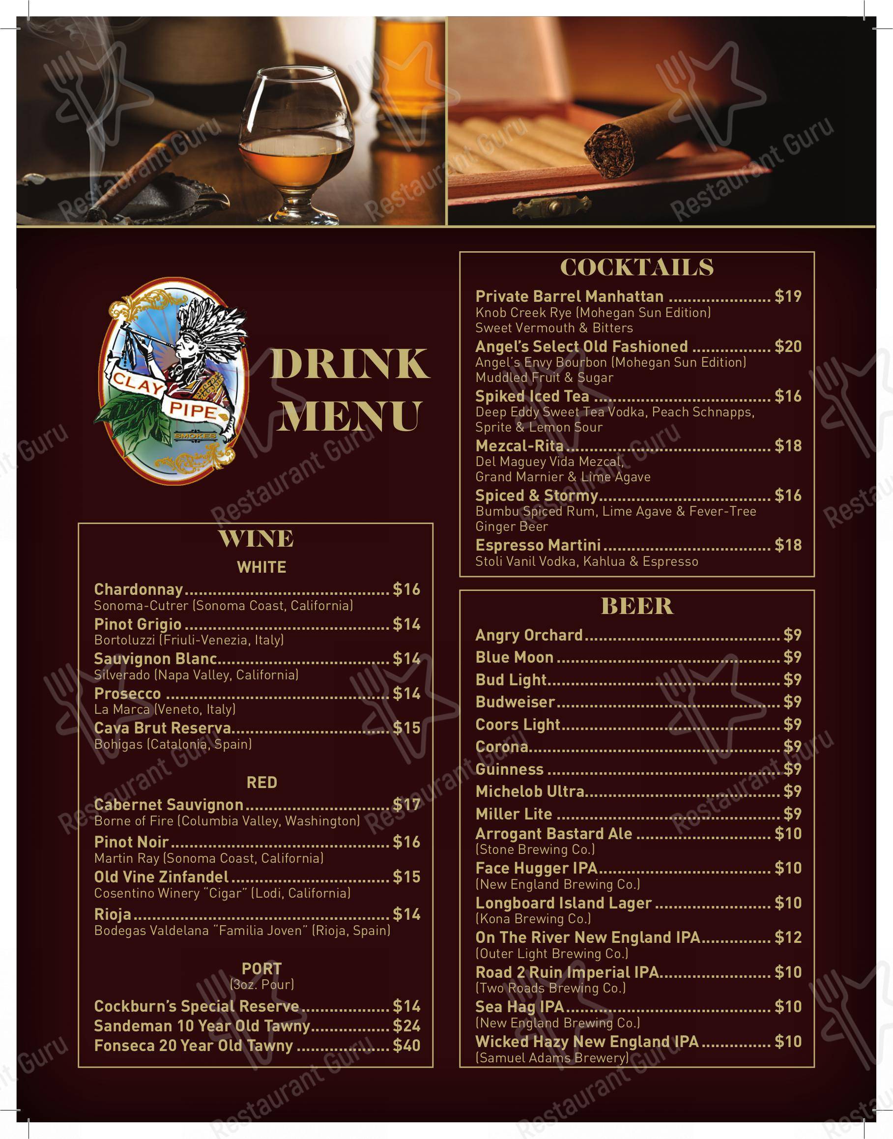 Menu at Clay Pipe Cigar Bar, Montville