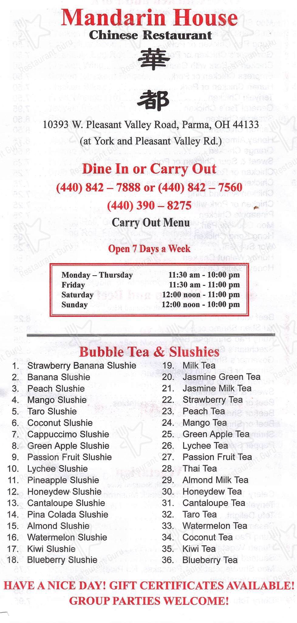 Menu at Mandarin House Chinese Restaurant, Cleveland