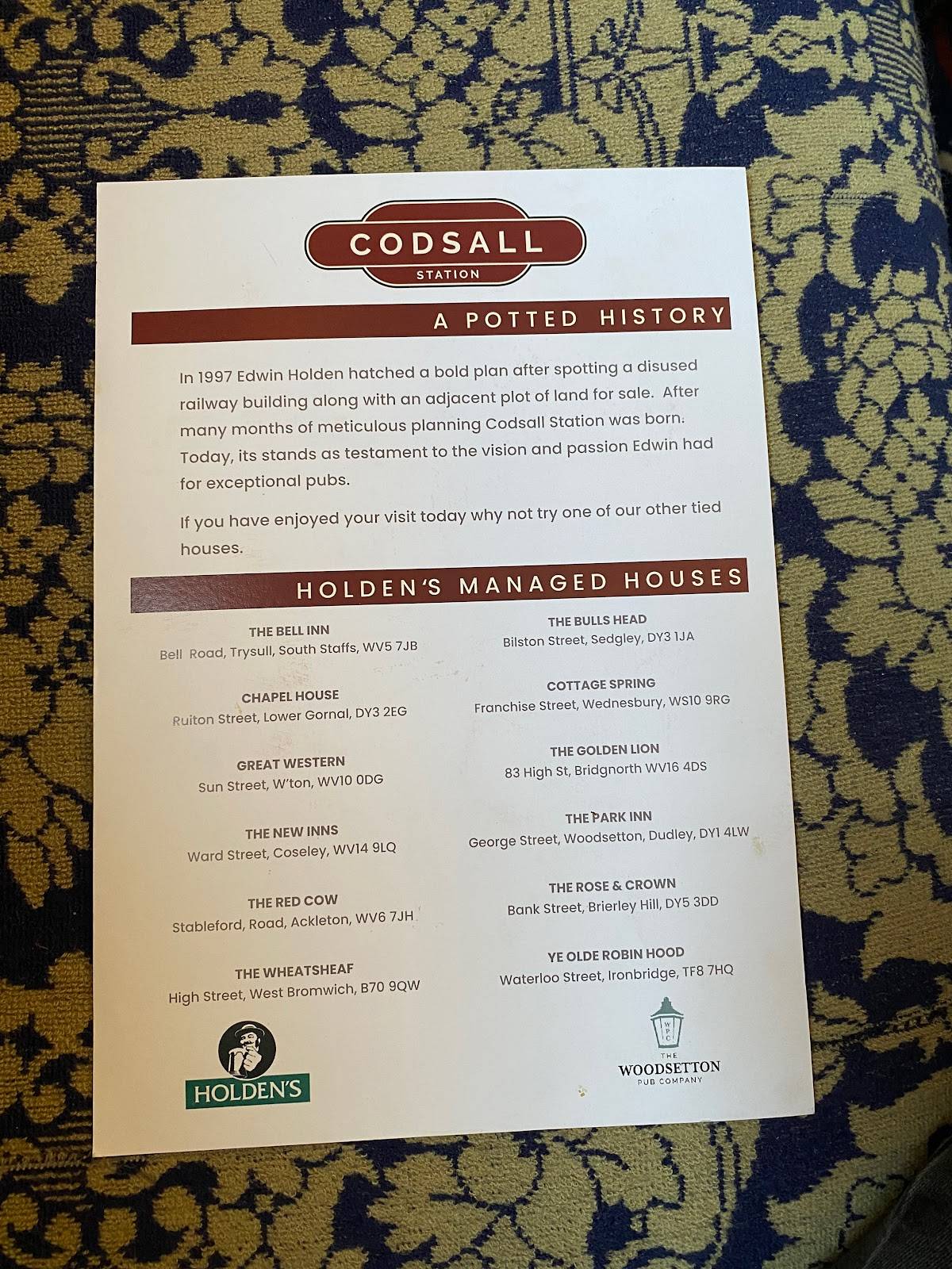 Menu at Codsall Station Pub, Wolverhampton