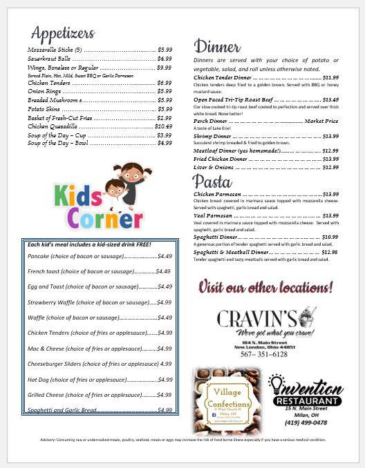 Menu at Cold Creek Cafe, Castalia